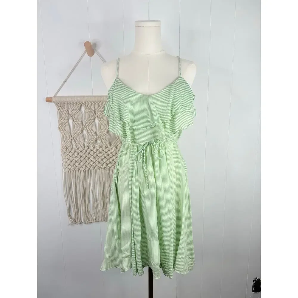Free People | Dresses | Free People Green Stripe Ruffle Mini Dress ...